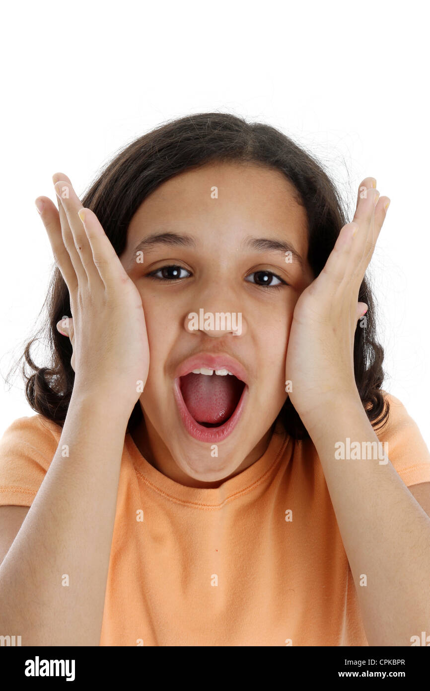 Excited young girl set on a white background Stock Photo - Alamy