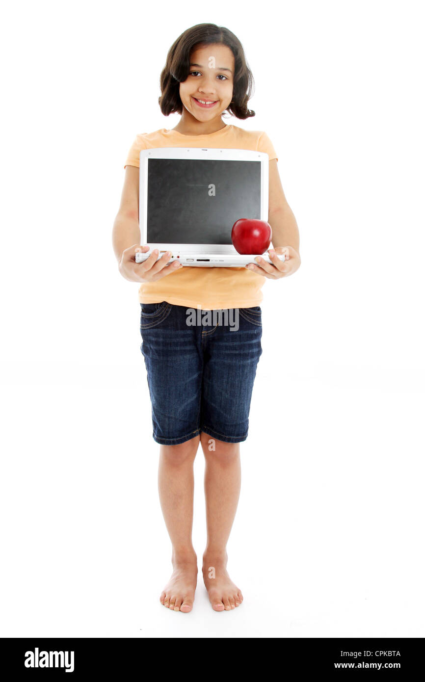 Student with a computer and an apple Stock Photo - Alamy
