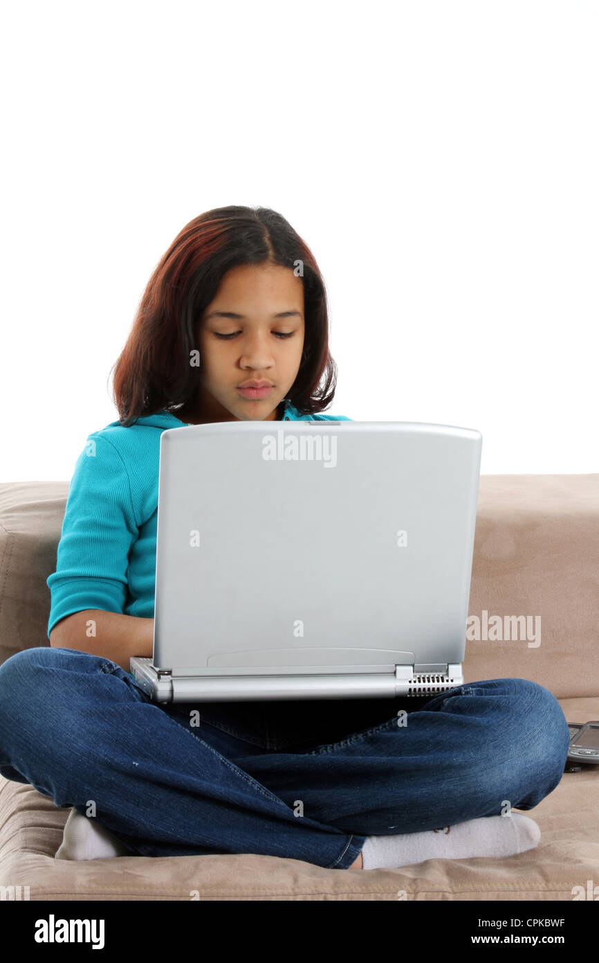 Picture of a child with computer set on white background Stock Photo ...