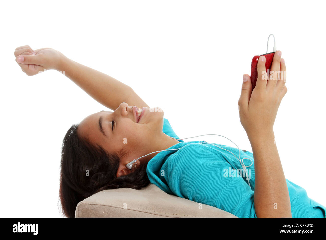 Picture of a child listening to music set on white background Stock ...