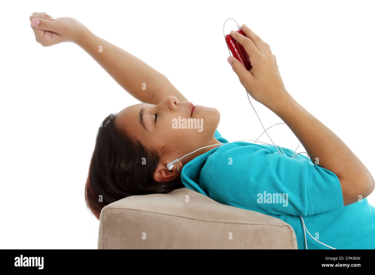 Picture of a child listening to music set on white background Stock ...