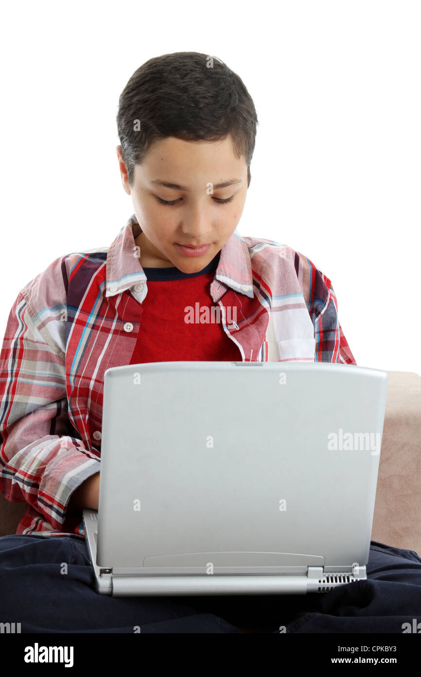 Picture of a boy on computer set on white background Stock Photo - Alamy