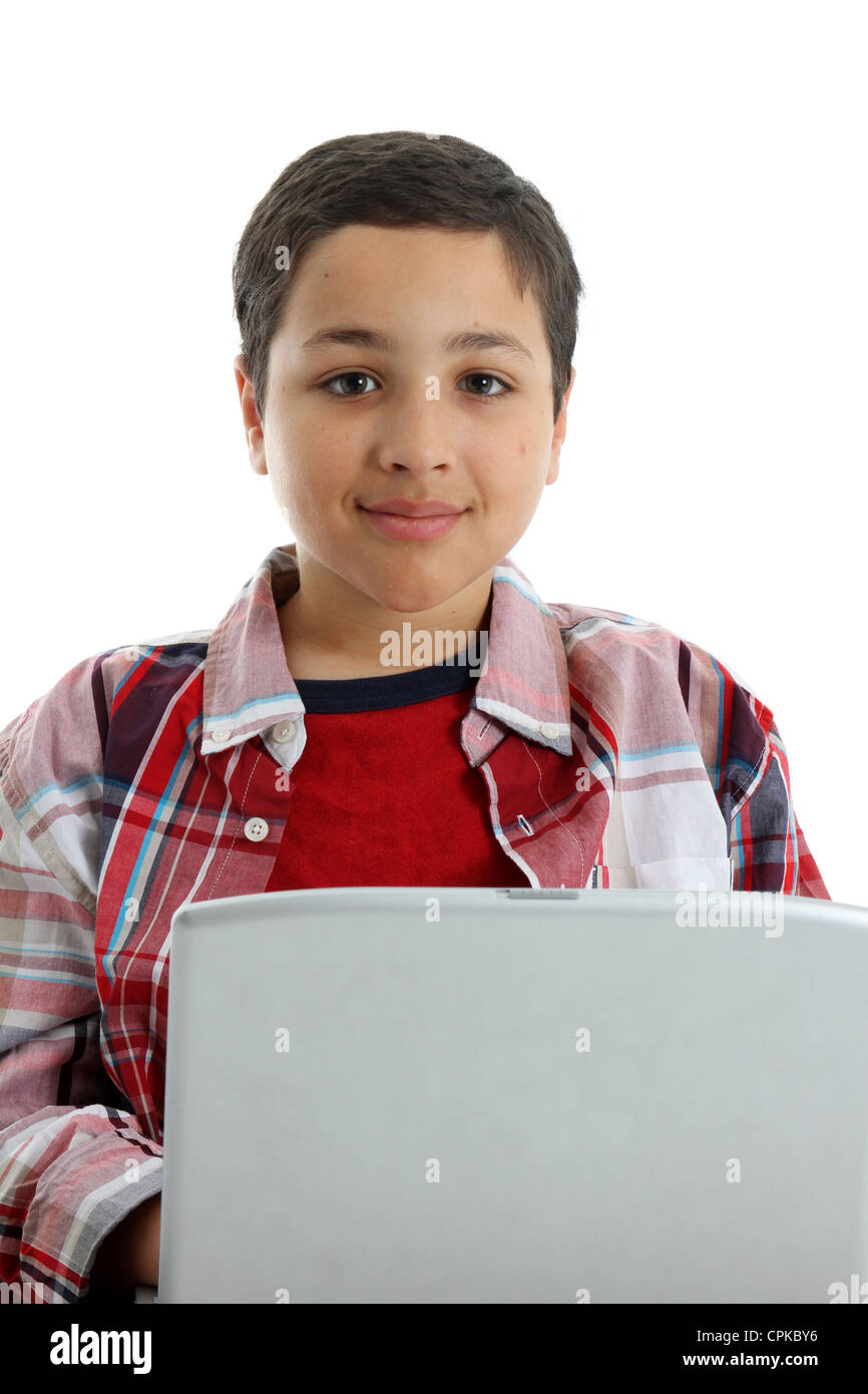 Picture of a boy on computer set on white background Stock Photo - Alamy
