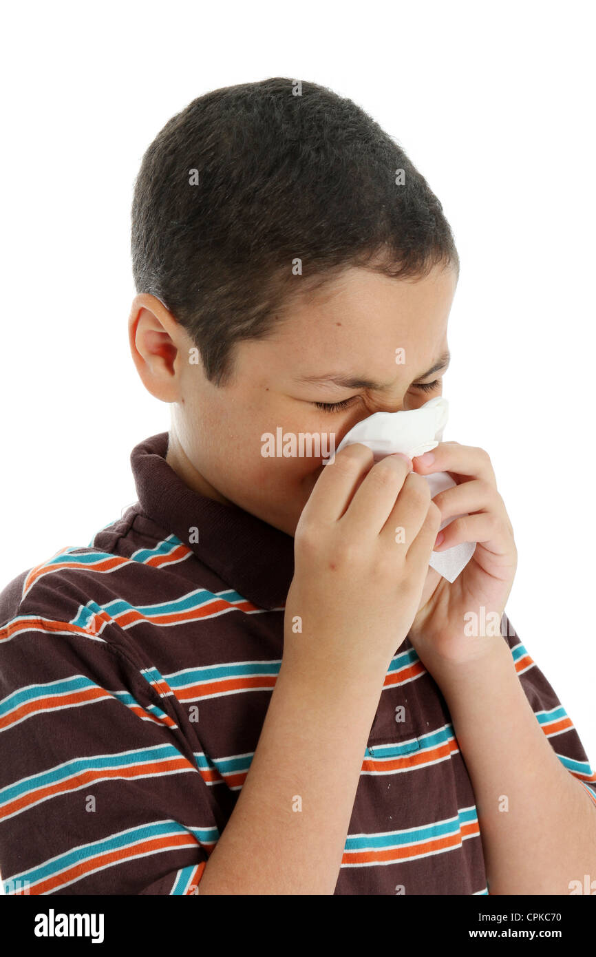Picture of a child sneezing on white background Stock Photo - Alamy