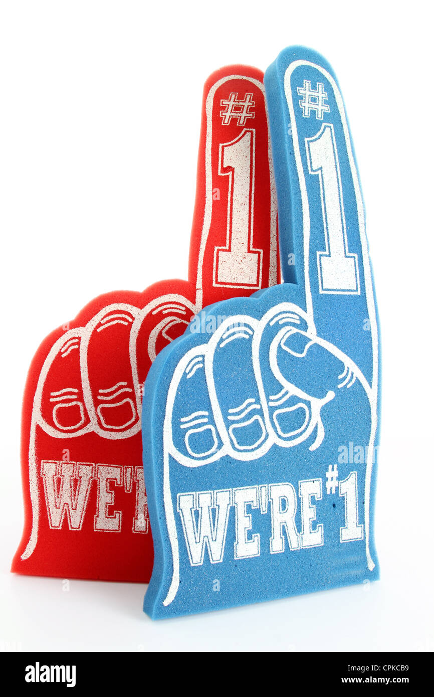 Red and blue foam fingers on white background Stock Photo - Alamy