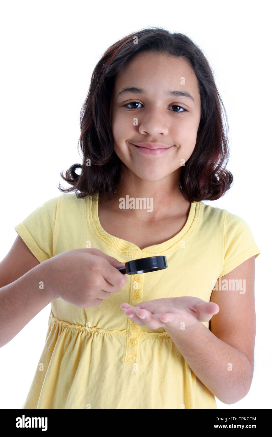 Picture of a child with magnifying lens set on white background Stock ...