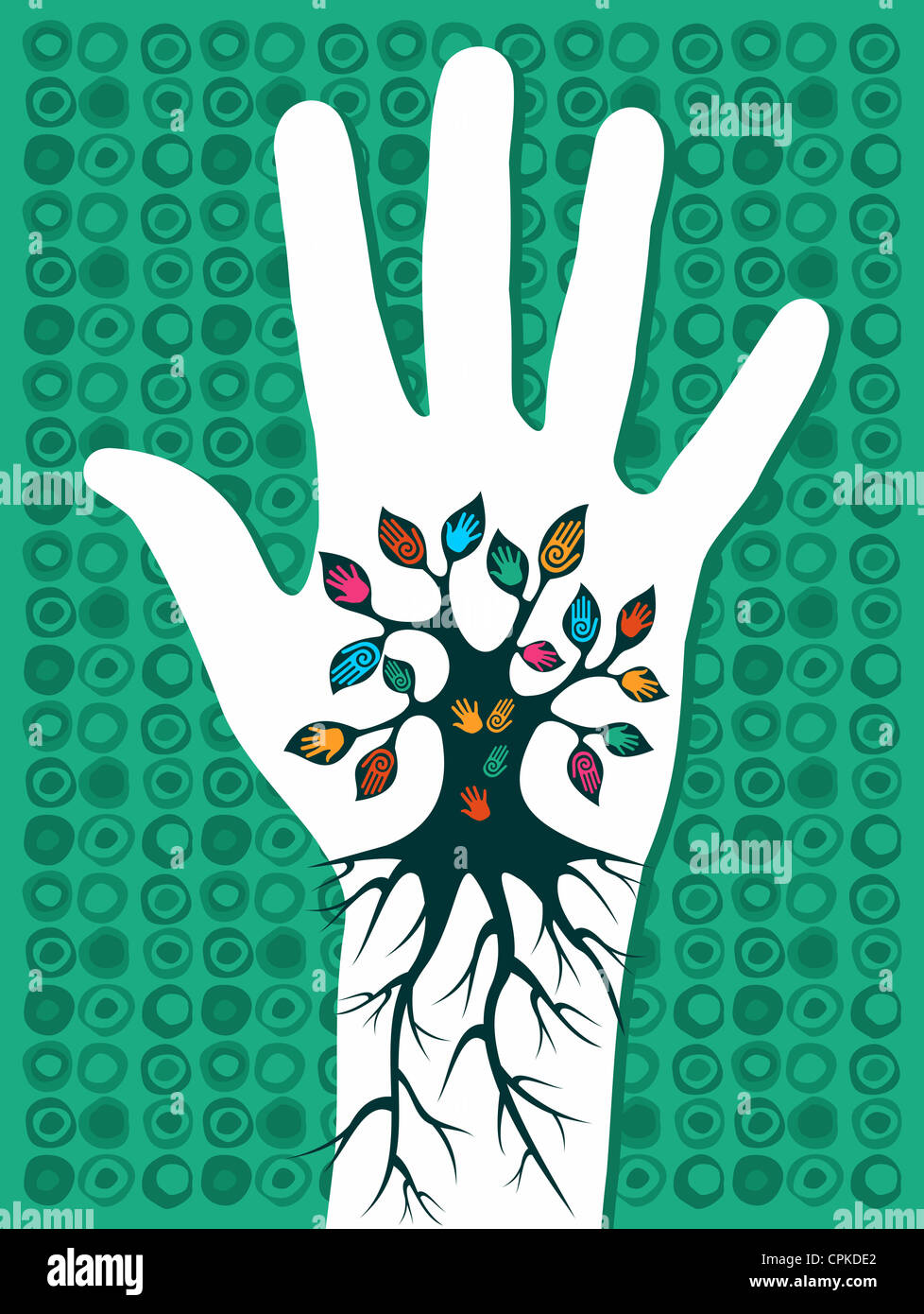 Go green concept tree in hand with roots as veins. Vector file layered ...