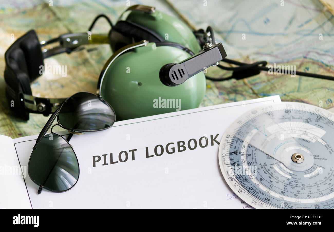 pilot sunglasses and other aviation tools Stock Photo - Alamy