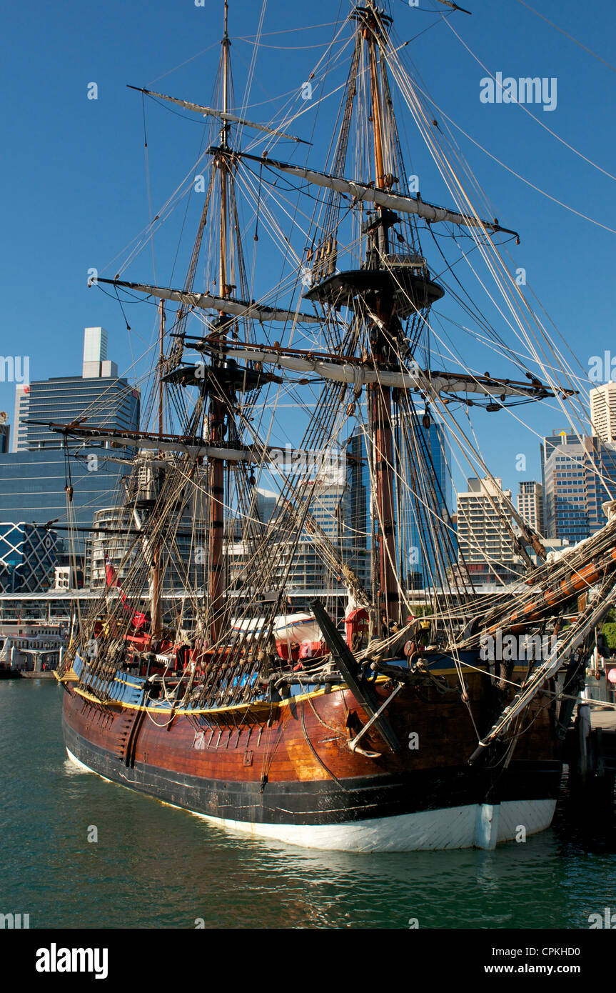Replica of Captain J.Cook's HMB Endeavor moored in Darling Harbour ...