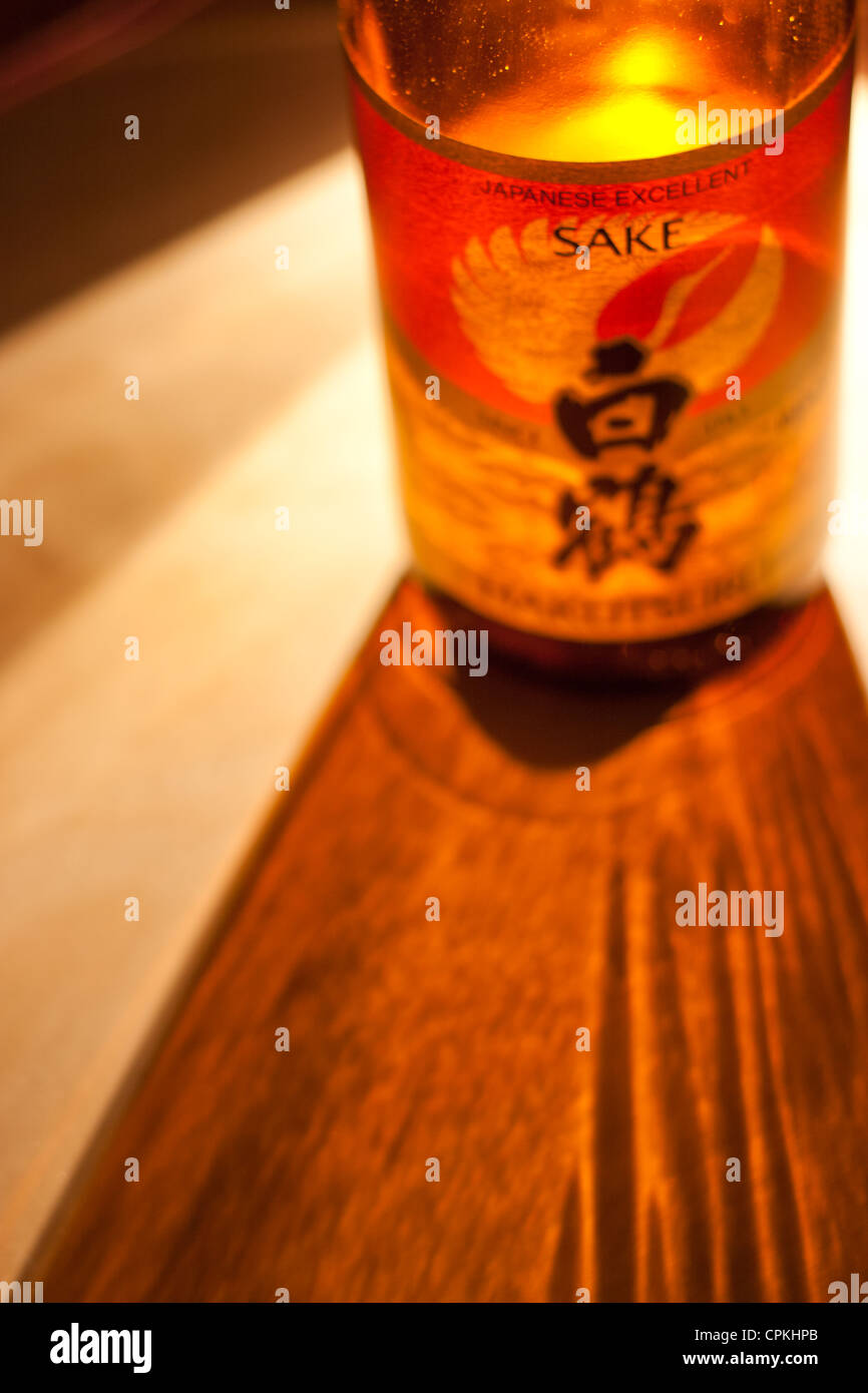 An empty bottle of Sake lit up from behind casting a coloured glow onto ...