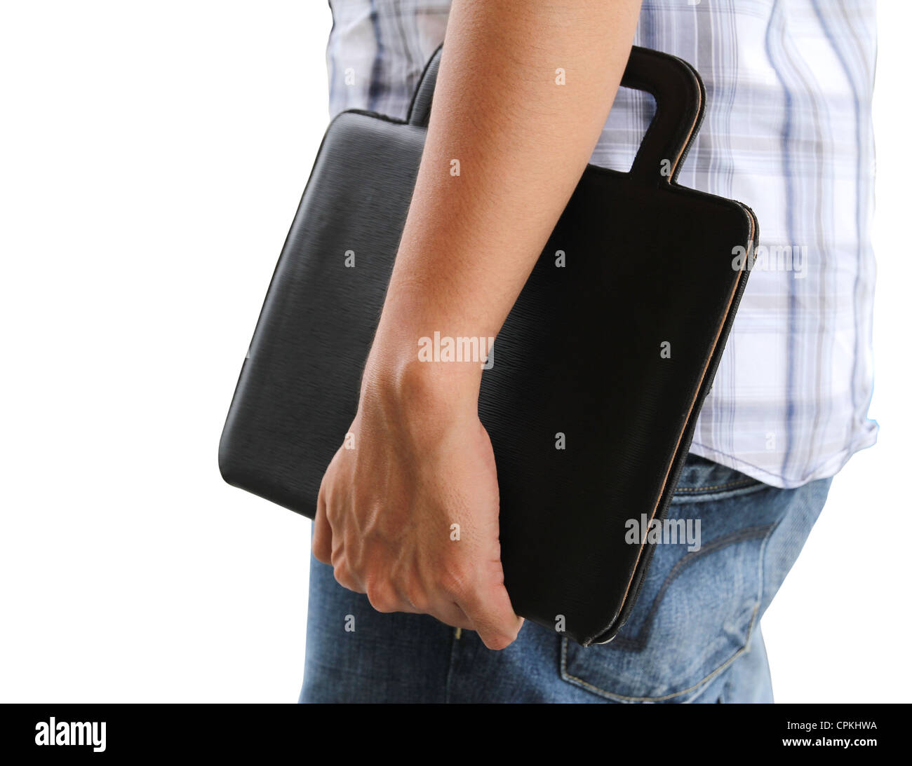 Business man walking and holding tablet pc on white background Stock ...