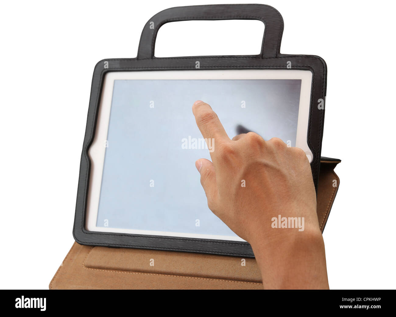 Student hand point working on his tablet and white background Stock ...