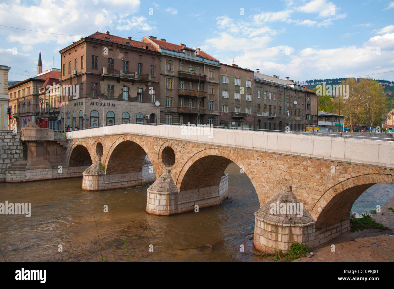 Latinska kuprija the Latin Bridge crossing the Miljacka river central ...