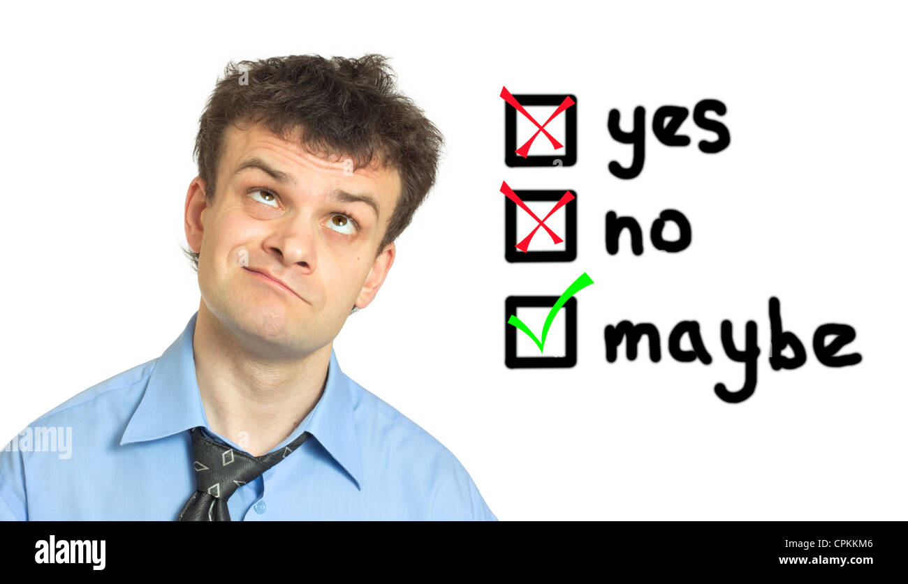 Young businessman appears before the decision on white background Stock ...