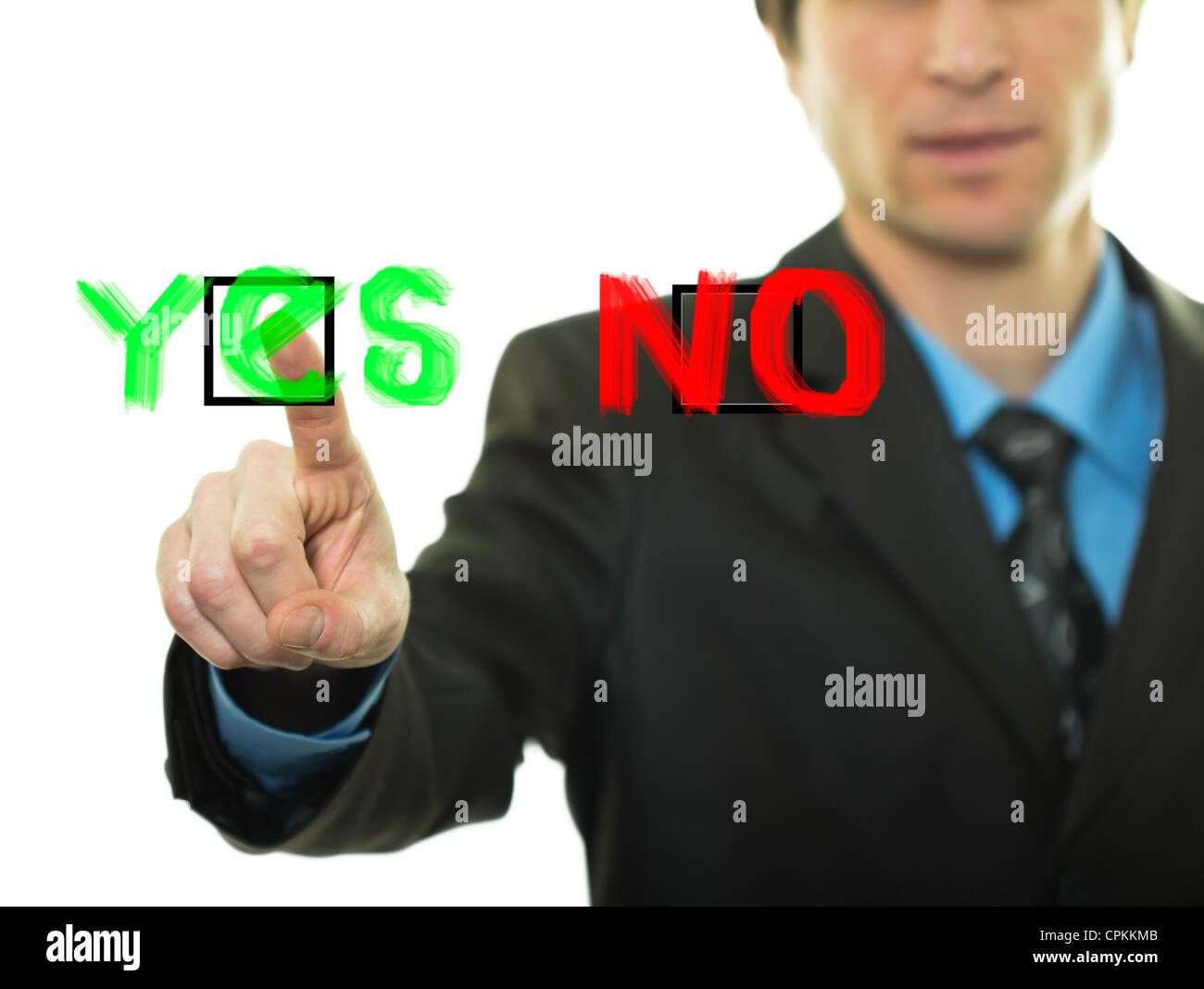 Businessman presses button YES, isolated on white background Stock ...