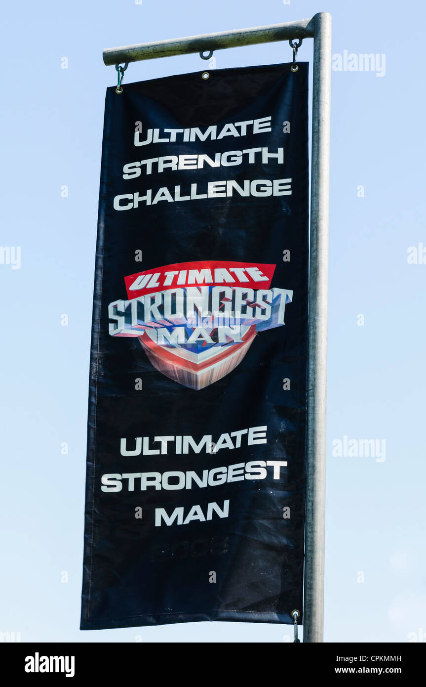 Banner for Ultimate Strongest Man strength challenge Stock Photo - Alamy
