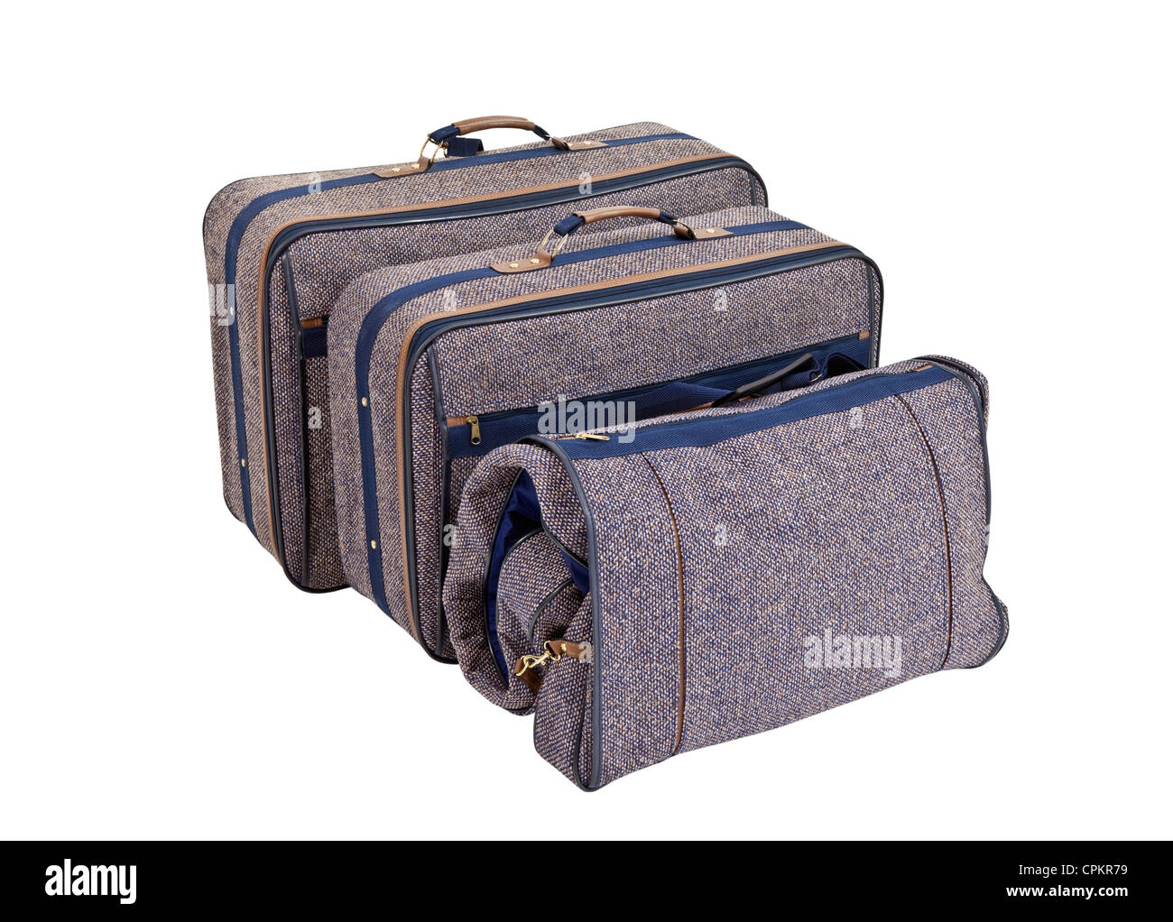 Vintage blue tweed suitcase set isolated Stock Photo - Alamy