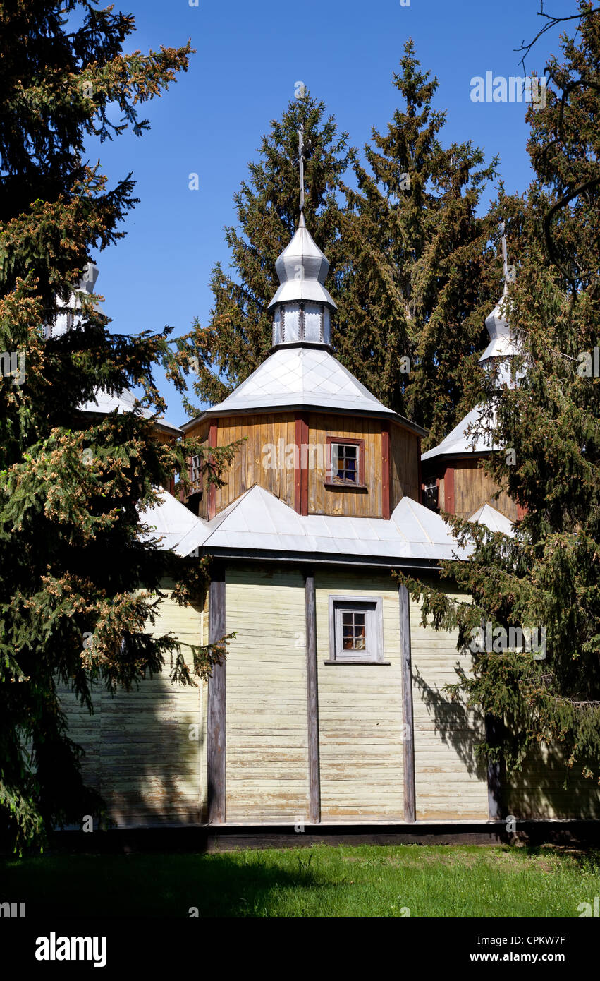 Ancient wooden church and pine tree Stock Photo - Alamy