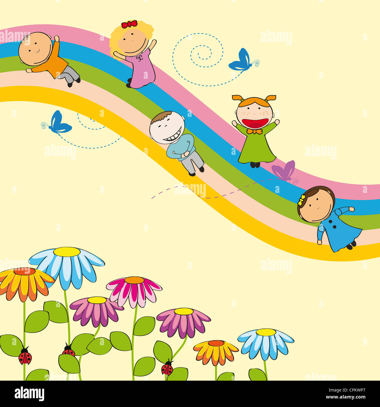 Small happy kids on rainbow in garden Stock Photo - Alamy
