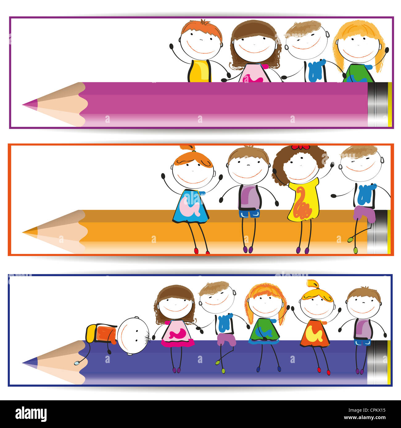 Banners with happy kids and colorful crayons Stock Photo - Alamy