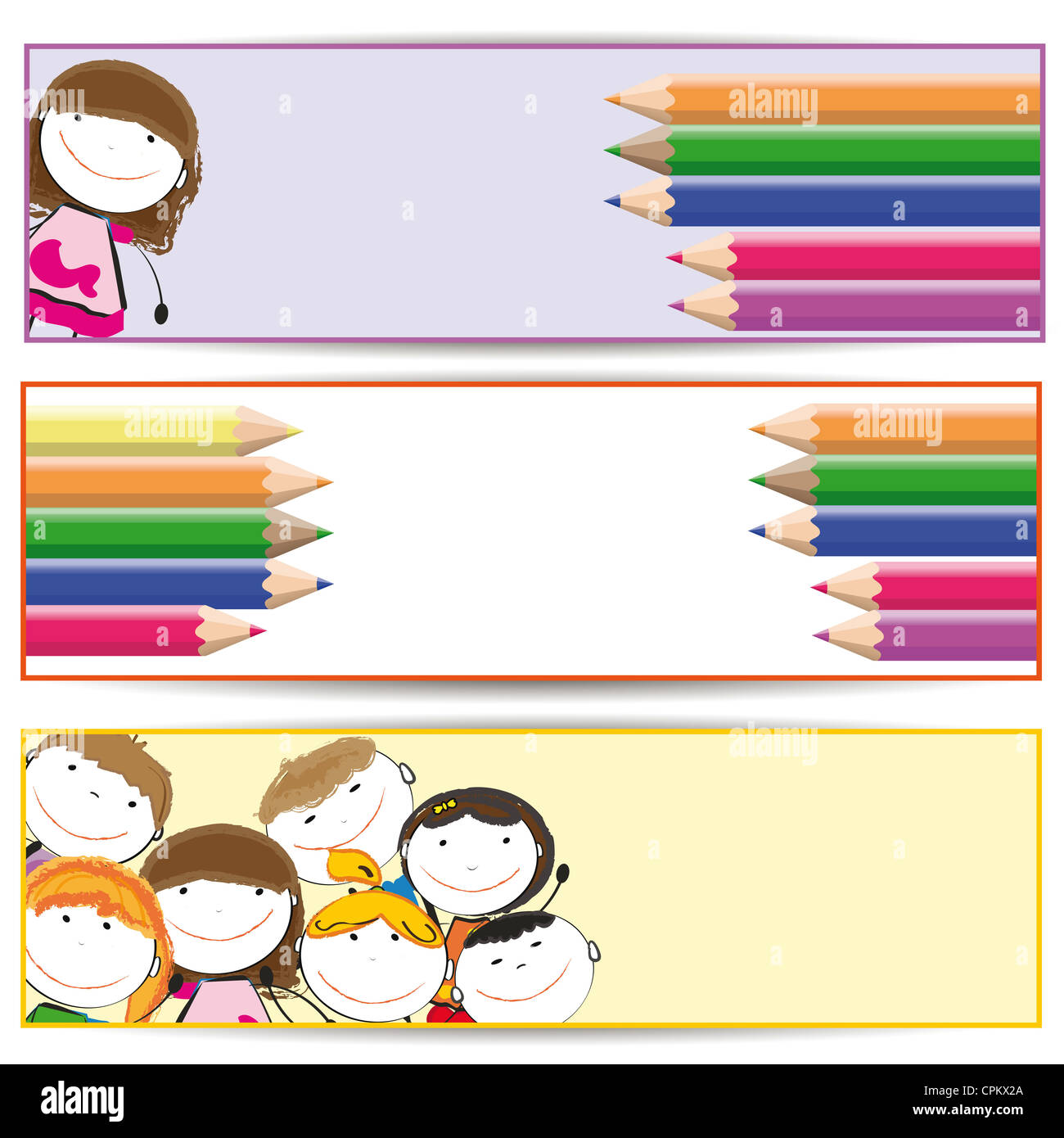 Banners with happy kids and colorful crayons Stock Photo - Alamy