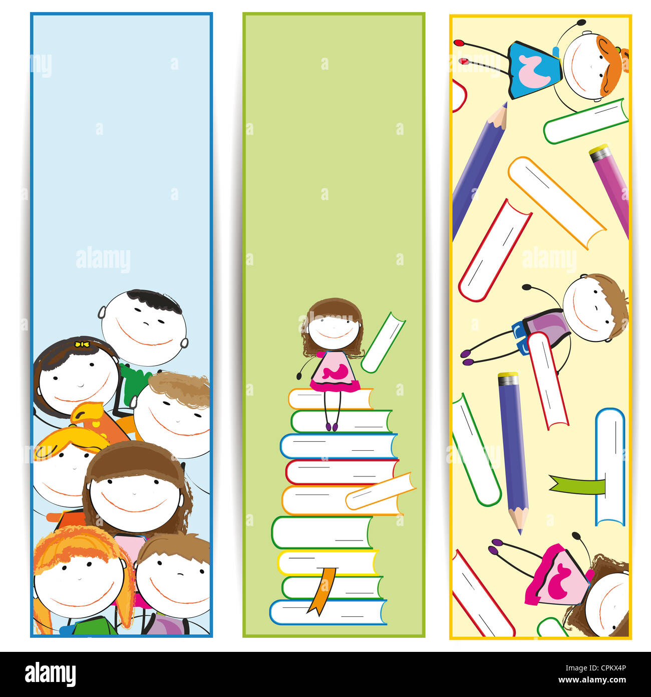 Background with happy kids and colorful crayons and books Stock Photo ...