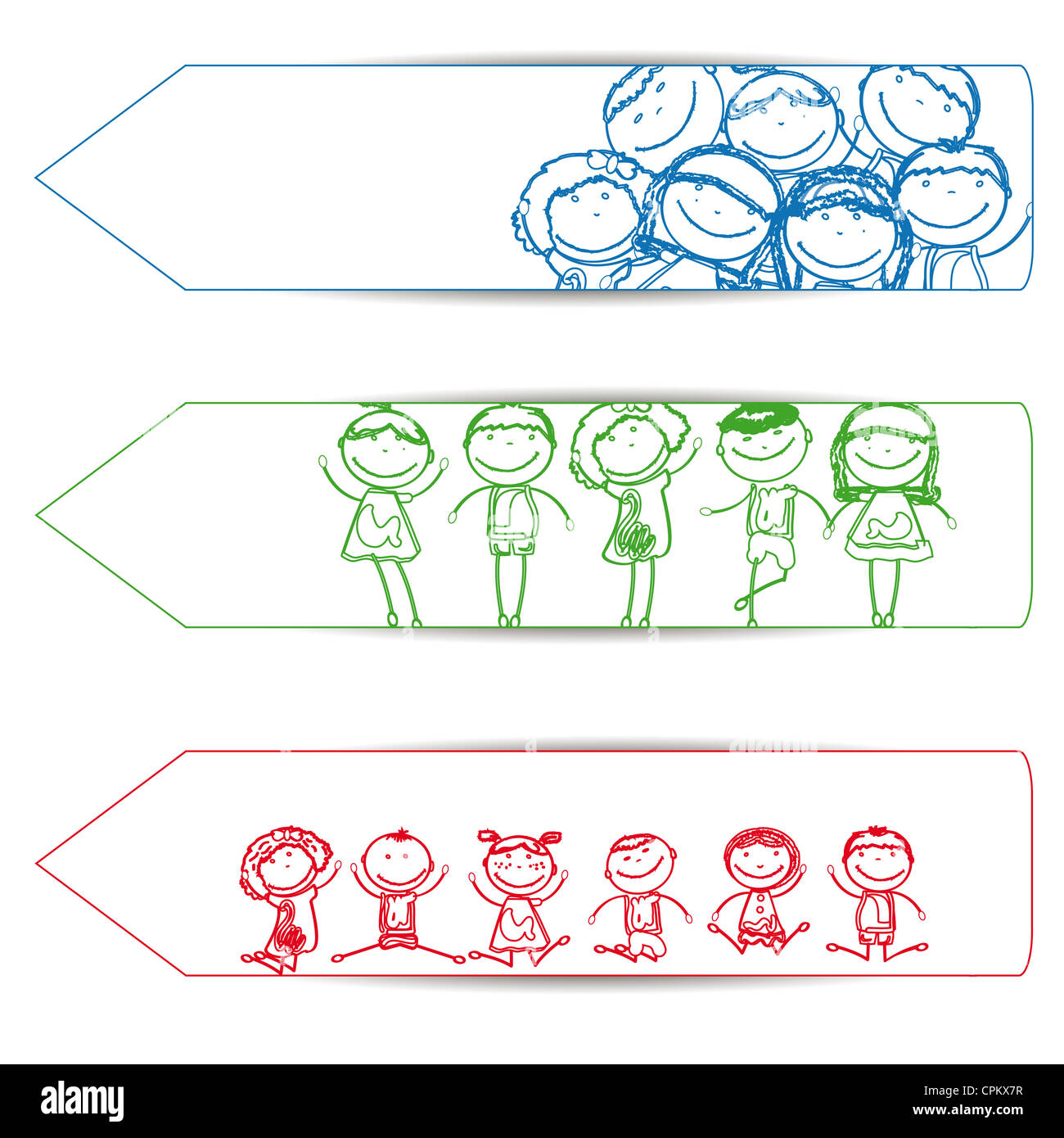 Banners with happy, contour kids and crayons Stock Photo - Alamy