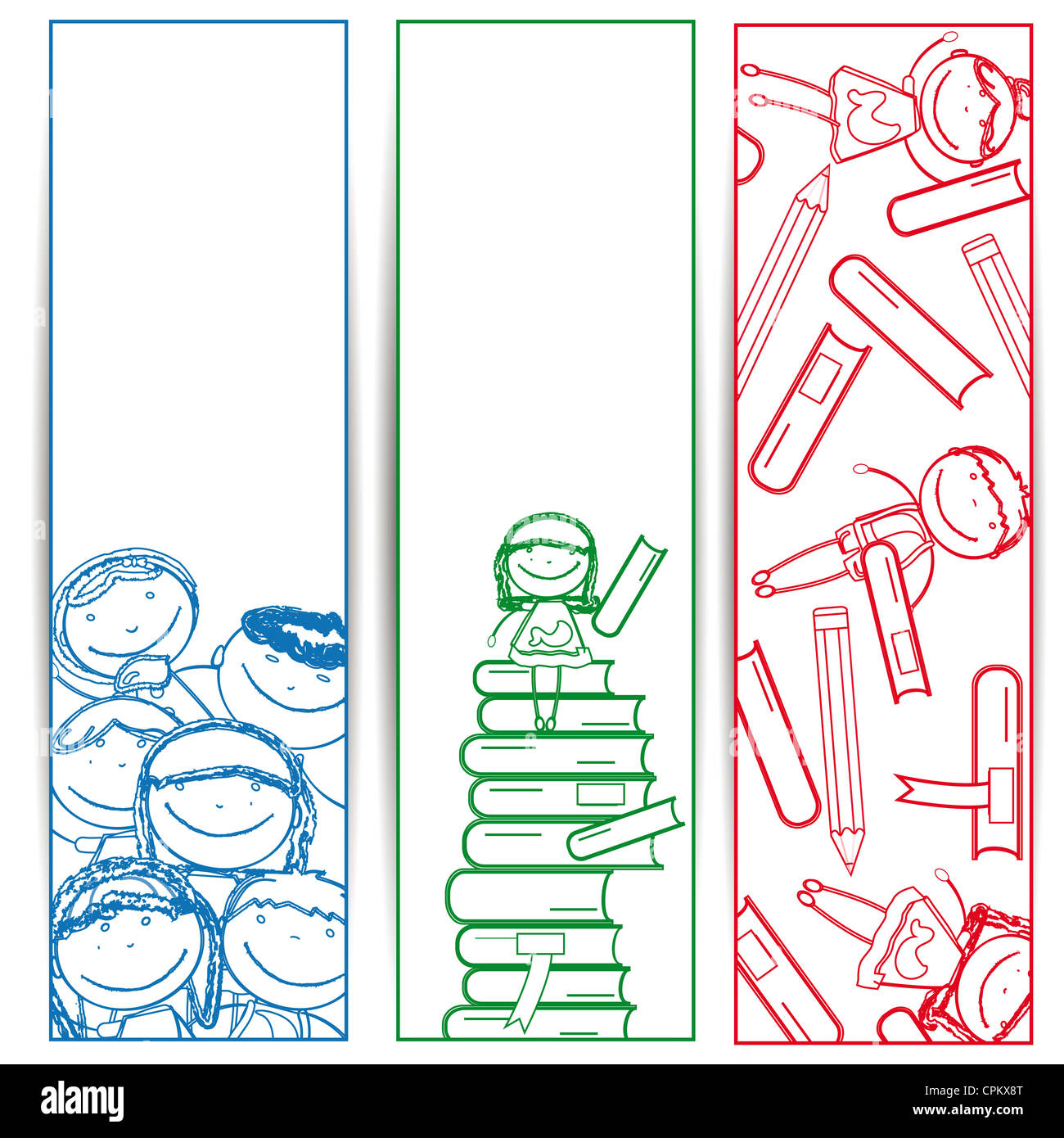 Banners with happy, contour kids and crayons Stock Photo - Alamy