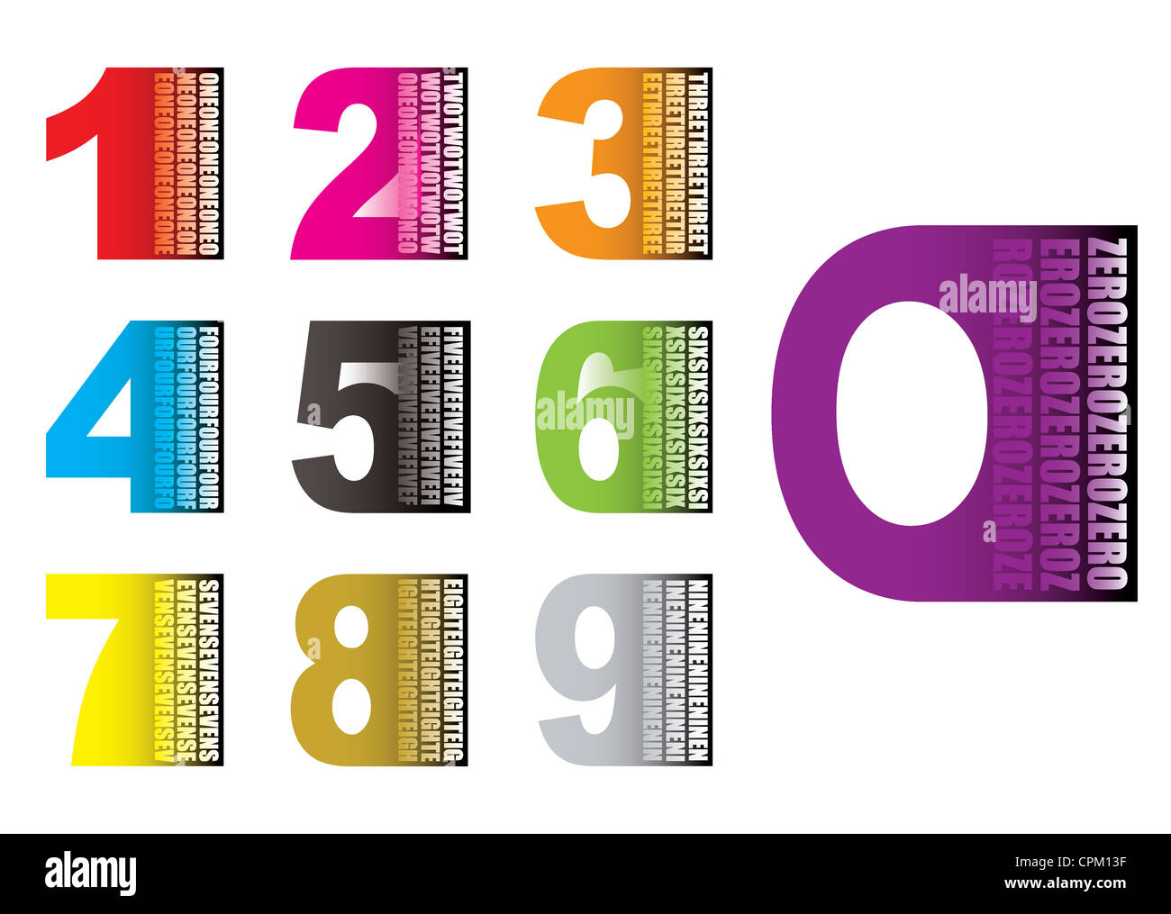 Collection of brightly coloured numbers with their value written on ...