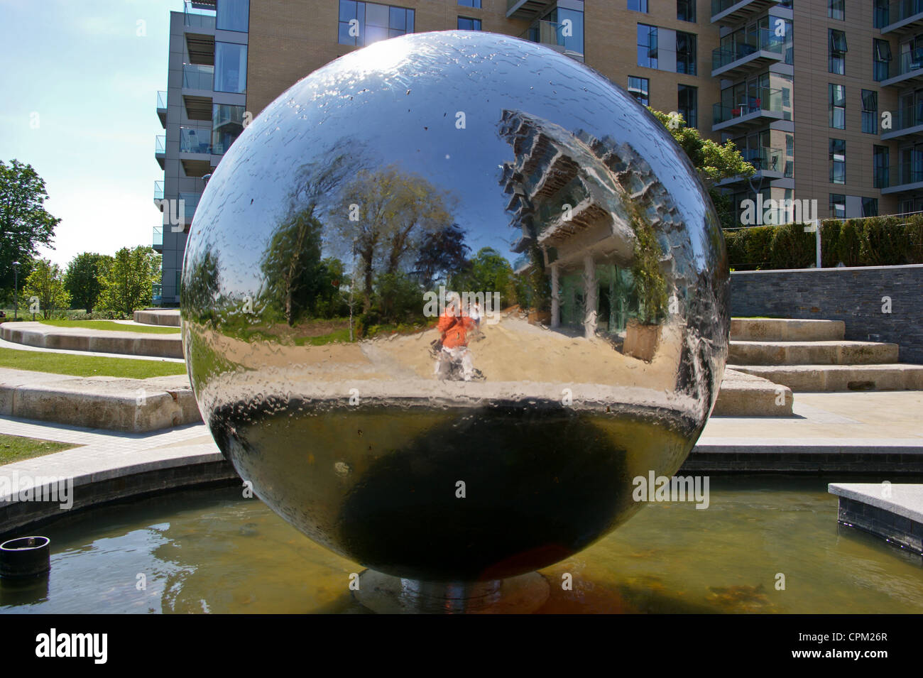A mirror ball waterfall sculpture, Berkeley Homes Woodberry Down, New ...