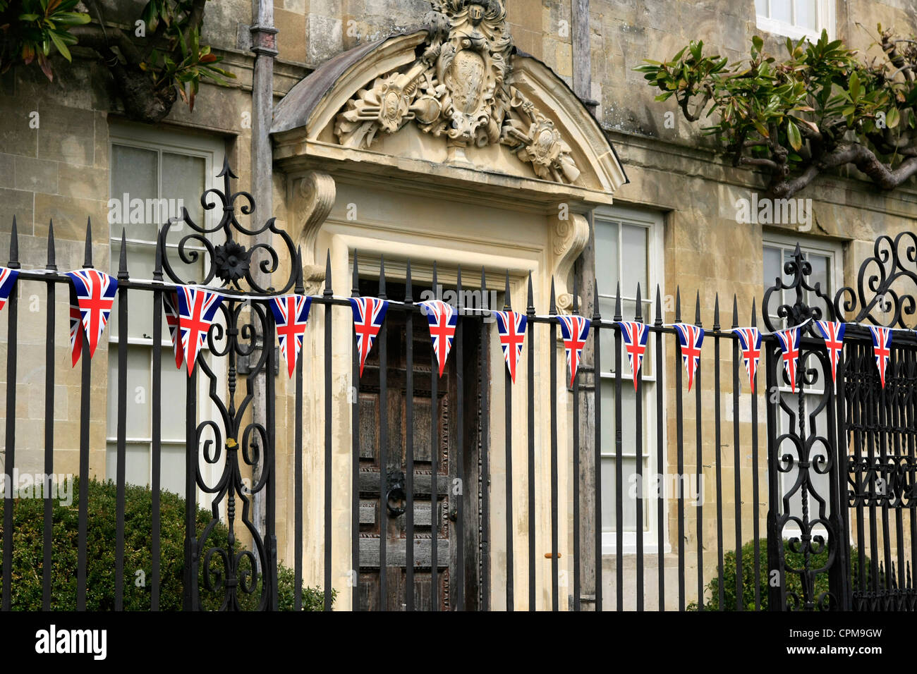 English Union Jack flag Pennants hang from railings during the Queen's ...