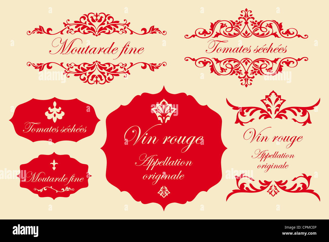 Vintage labels in French - fine mustard, dried tomatoes, red wine Stock ...