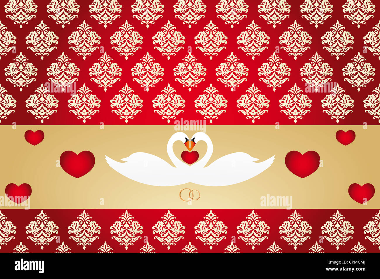 Wedding card template with two swans, hearts and gold rings on ...