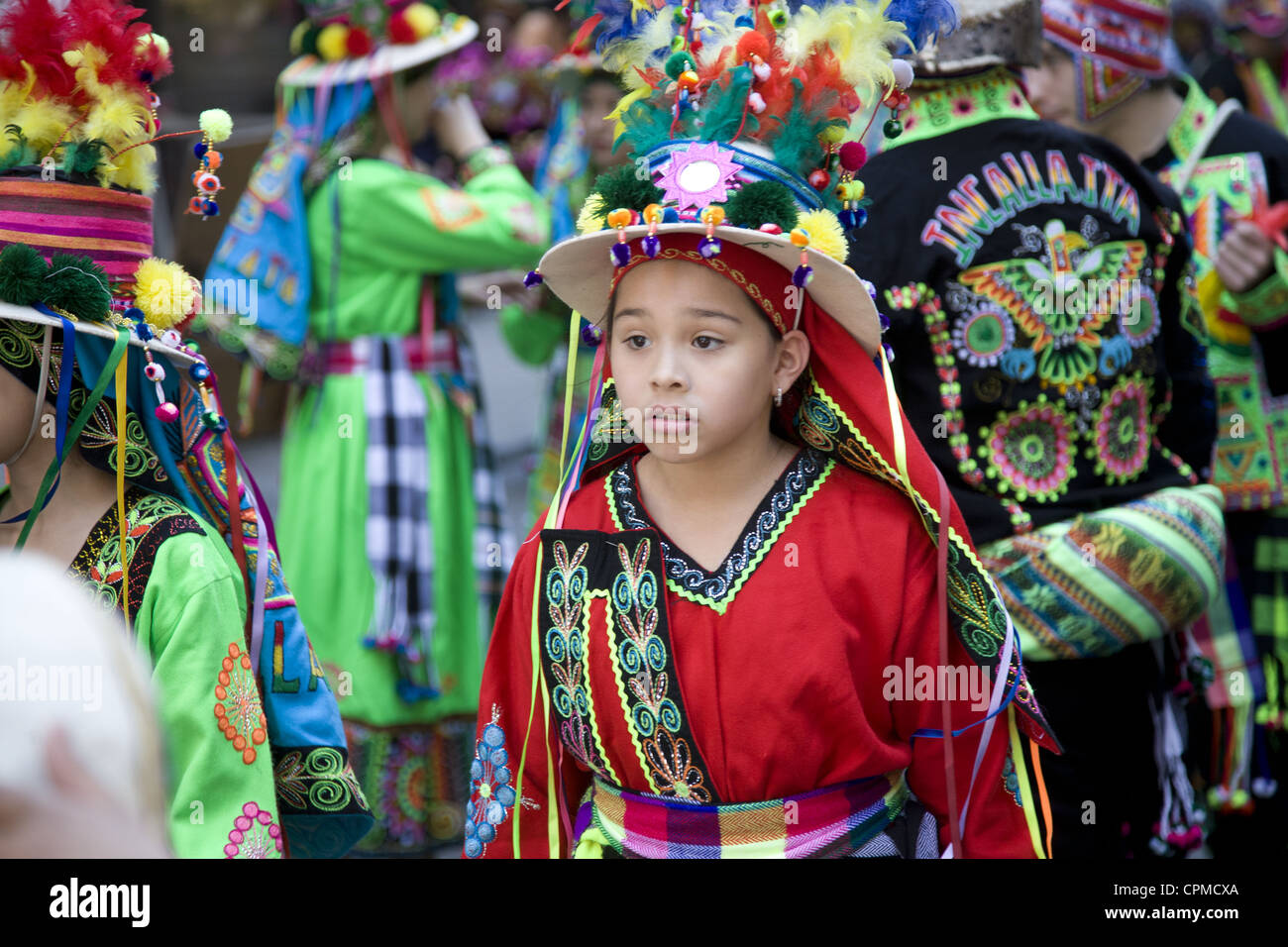 Annual Dance Parade in NYC along Broadway. Traditional costumed Bolivian Dance group Stock Photo ...