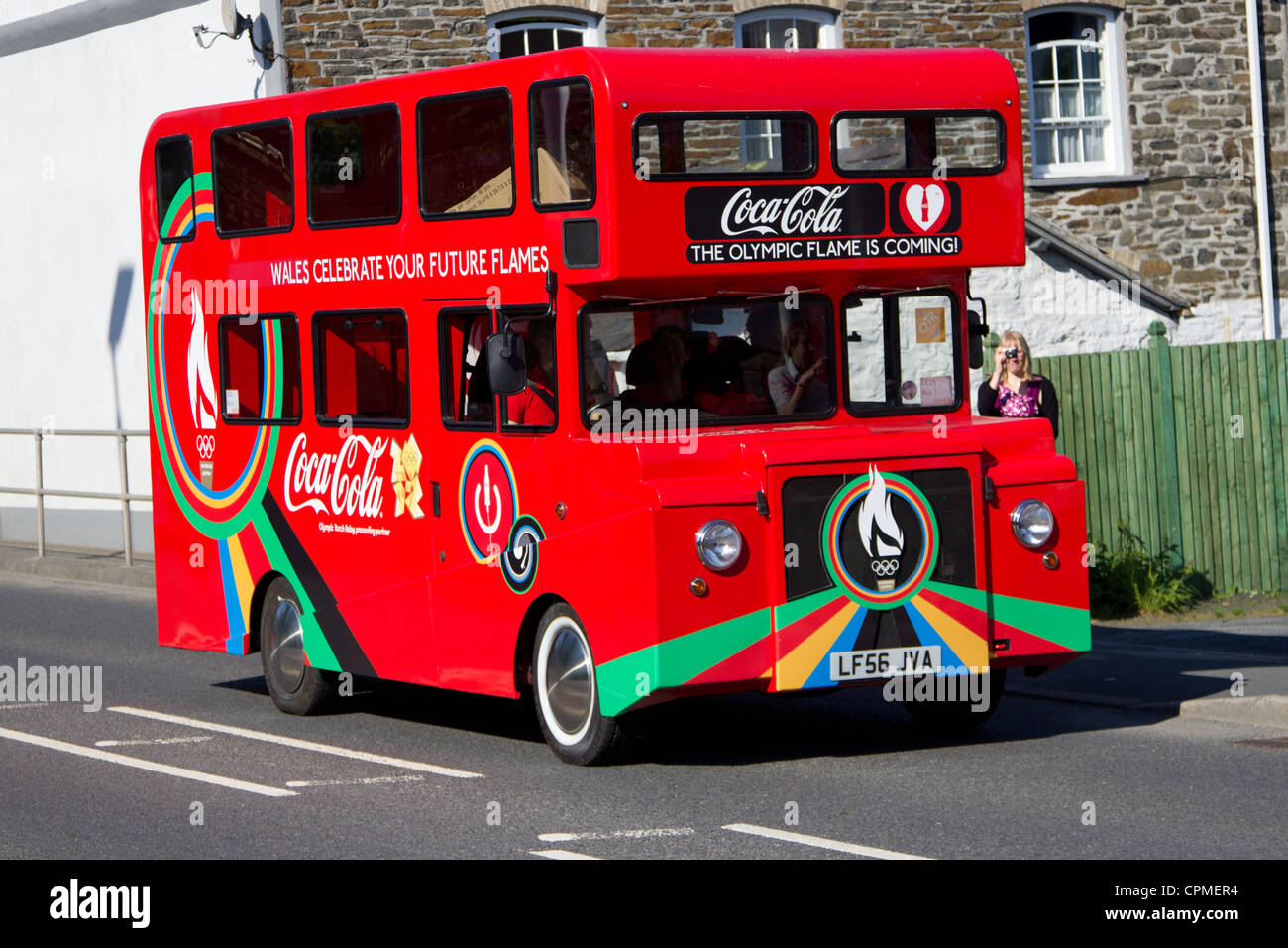 Red Coca Cola Olympic bus making its way from Aberystwyth to ...