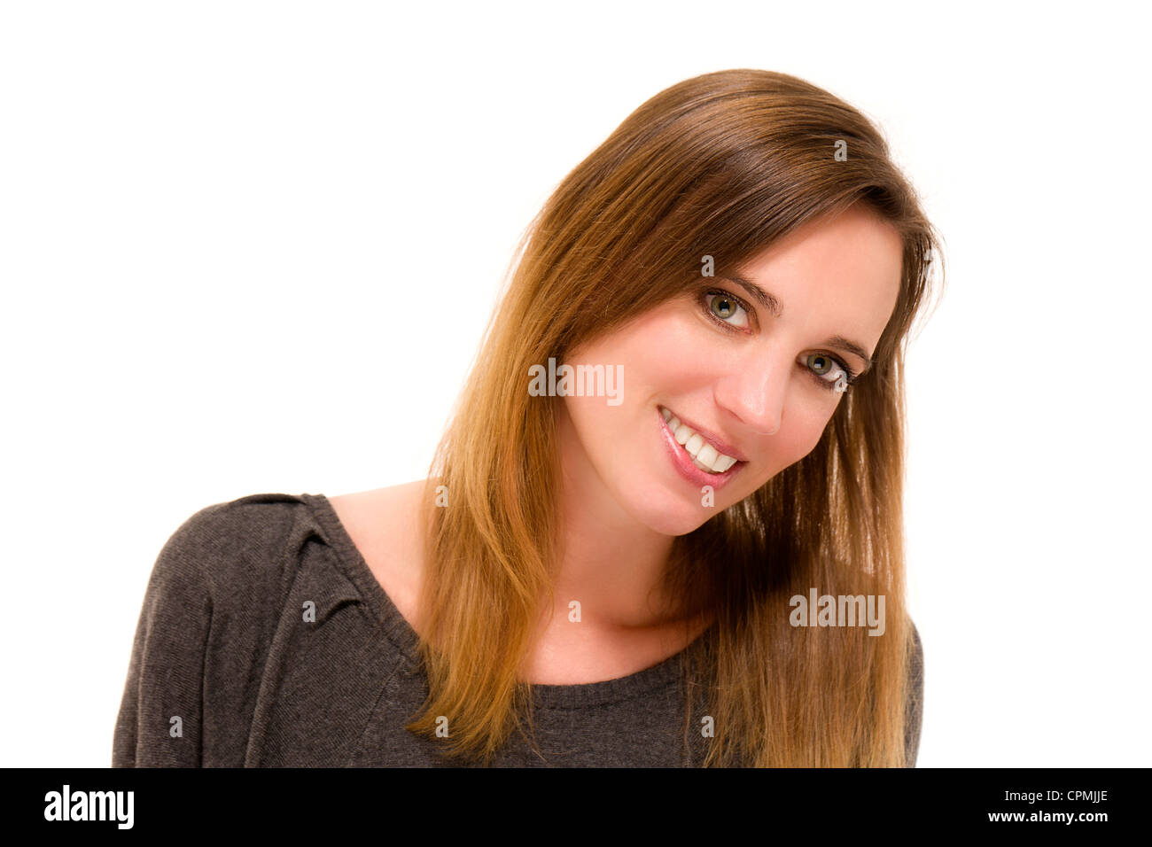 portrait of a smiling woman on white background Stock Photo - Alamy