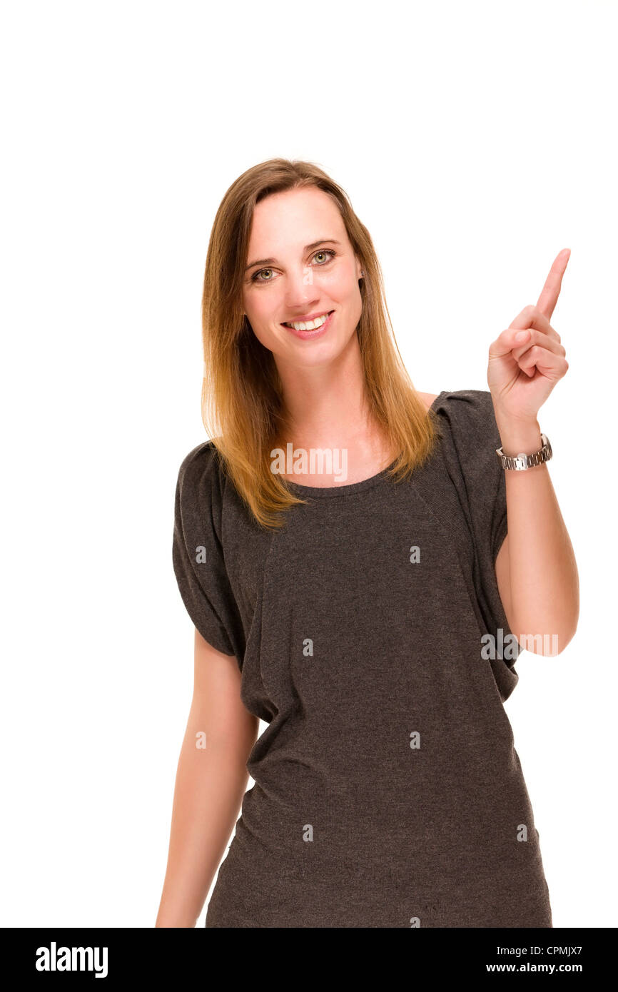 confident woman pointing her finger on white background Stock Photo - Alamy