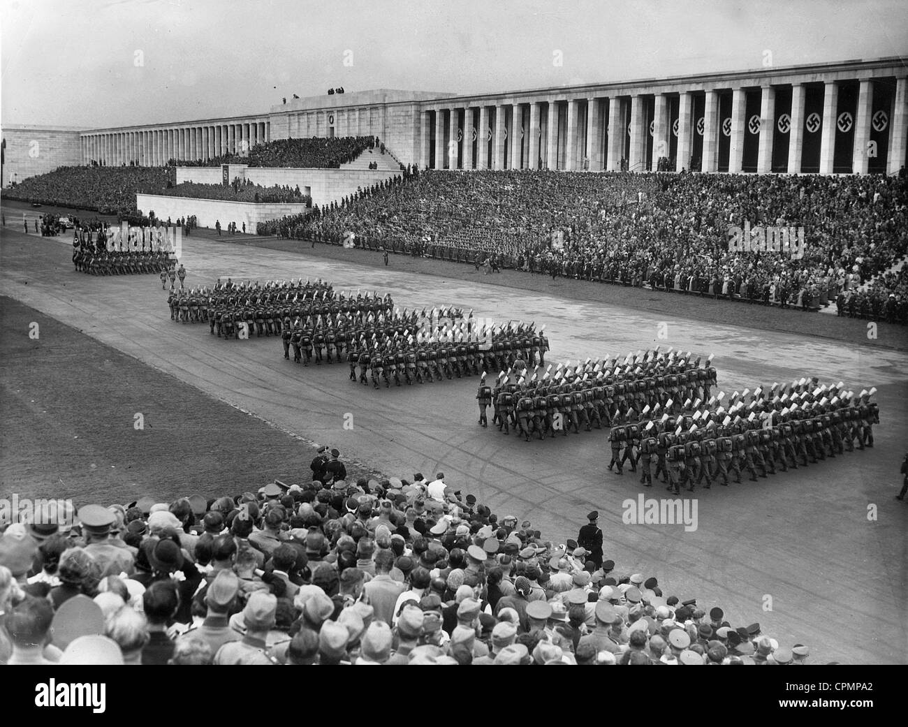 Parade of the Reich Labor Service (RAD) in front of Adolf Hitler on the ...