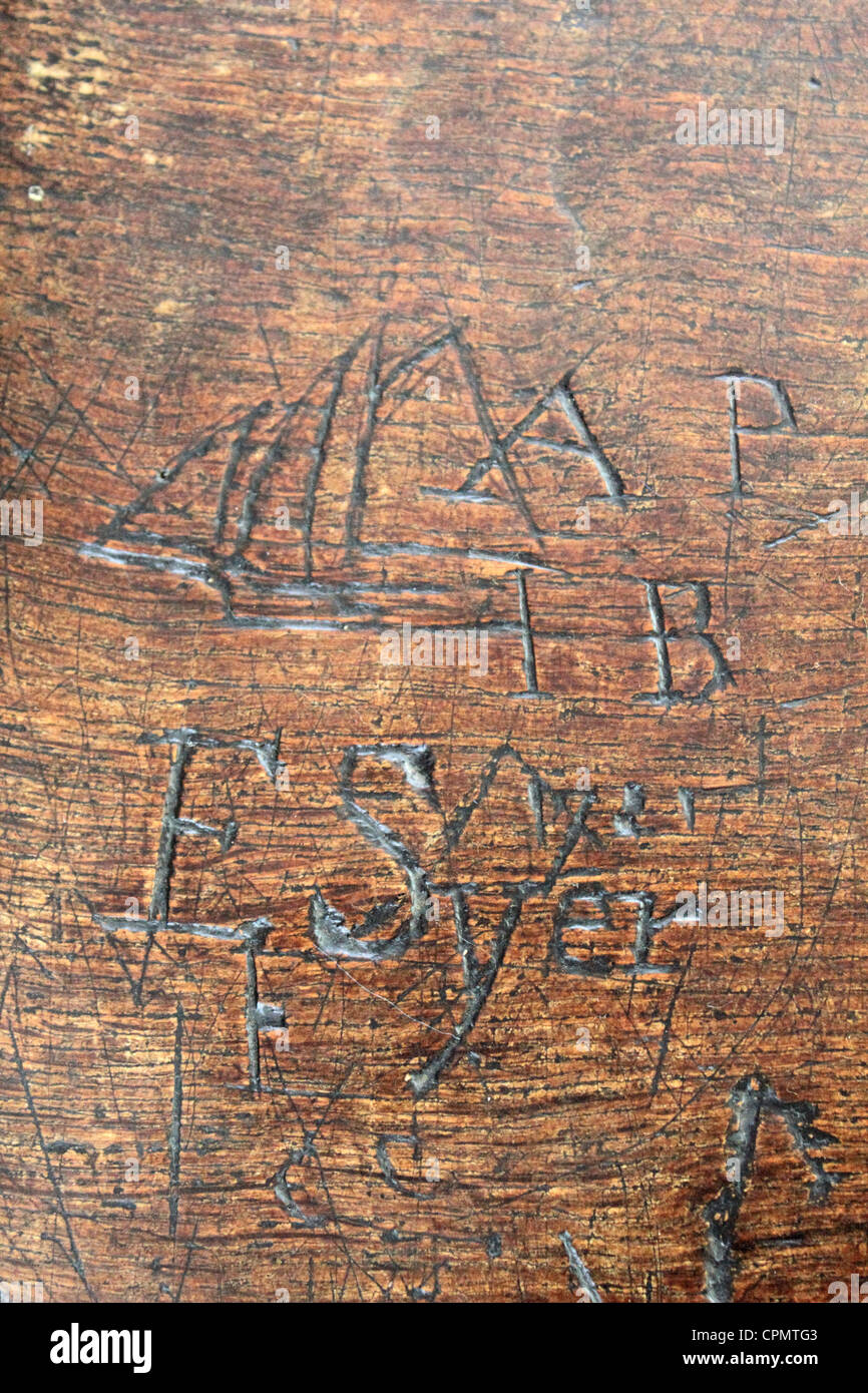 Ancient graffiti on tables inside St Edmunds Church Southwold Suffolk ...