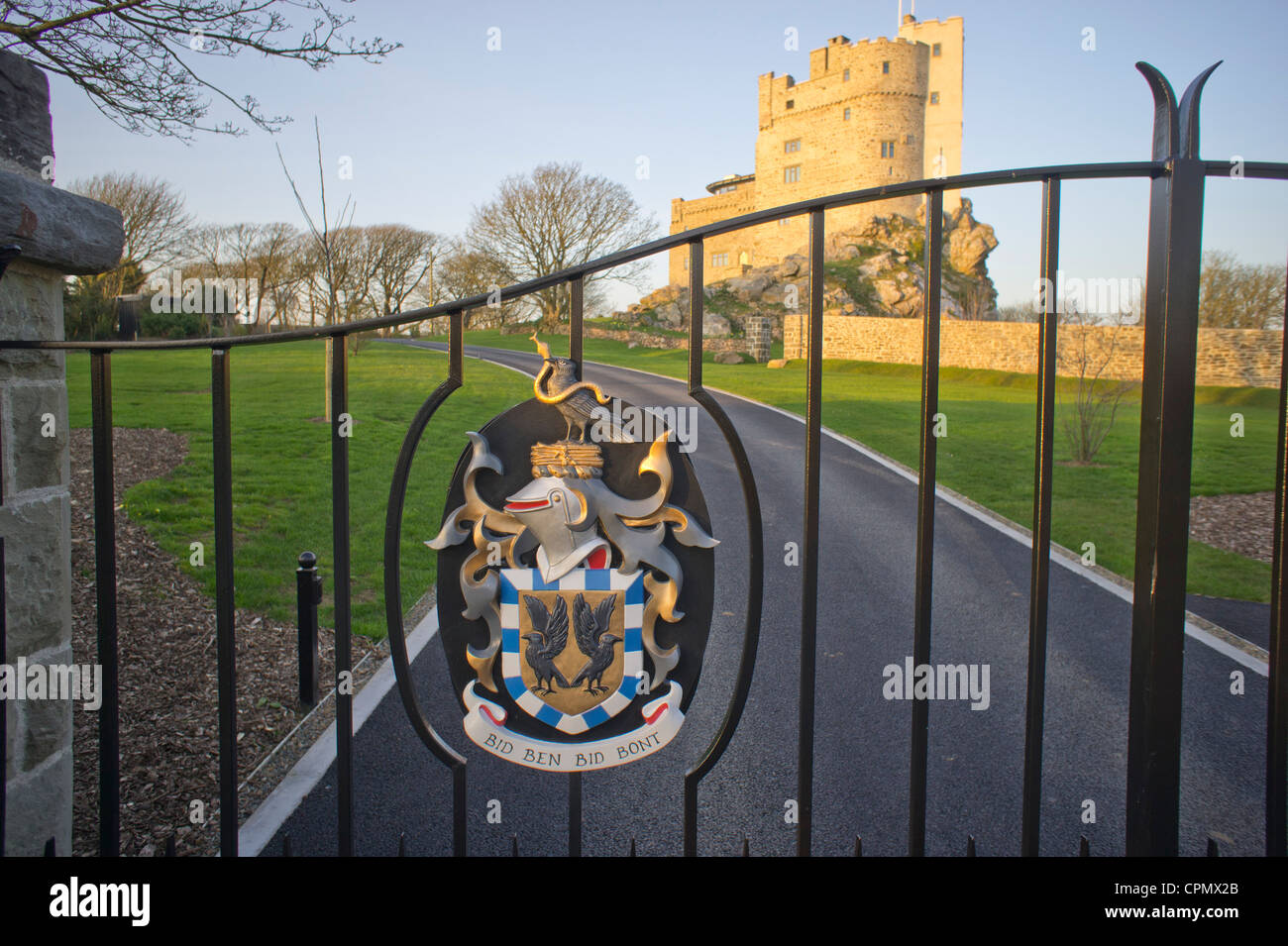 Coat of arms Roch Castle view from the gates, at sunset. Roch ...
