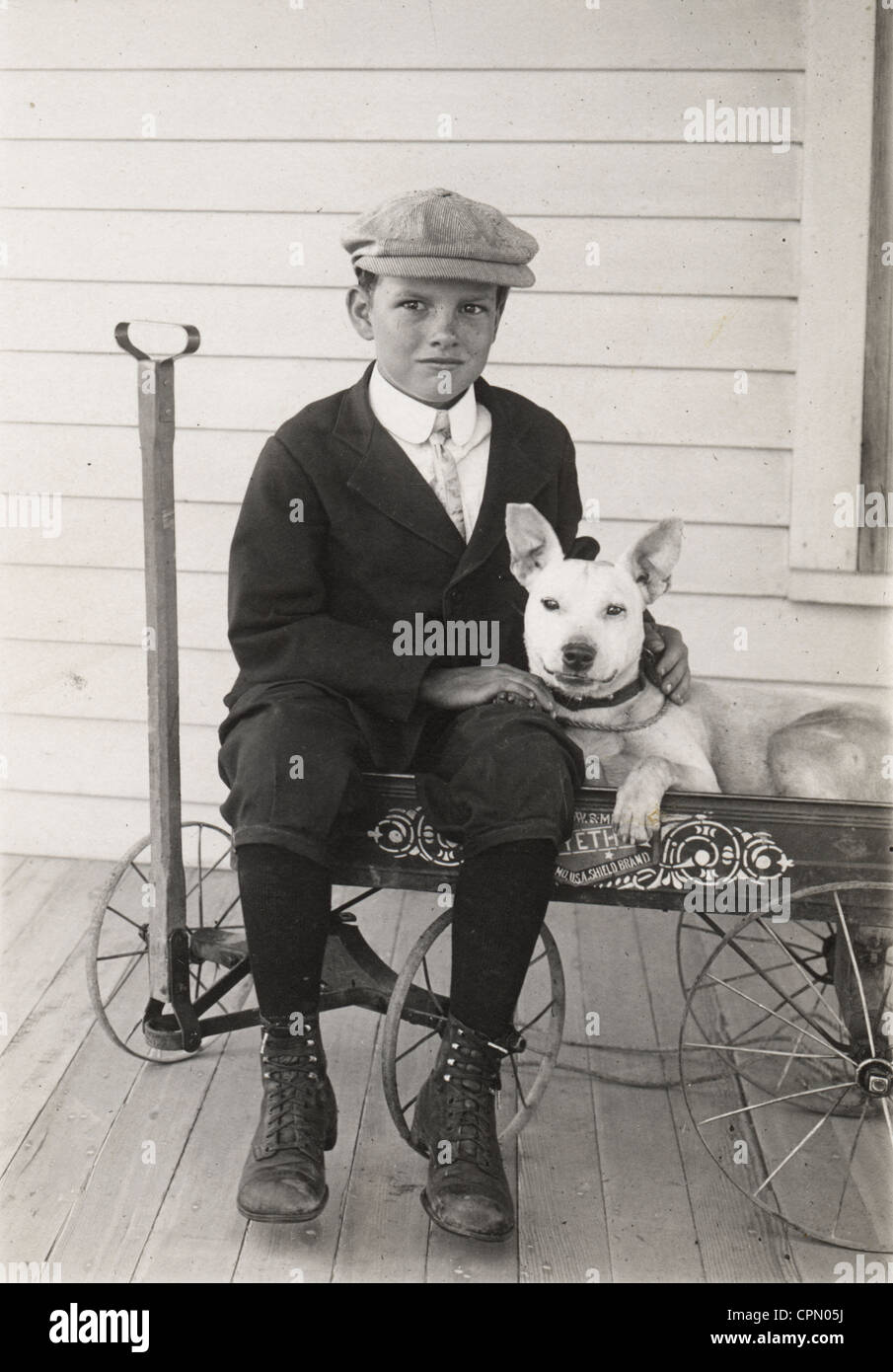 Handsome Young Boy & White Dog in Toy Wagon Stock Photo - Alamy