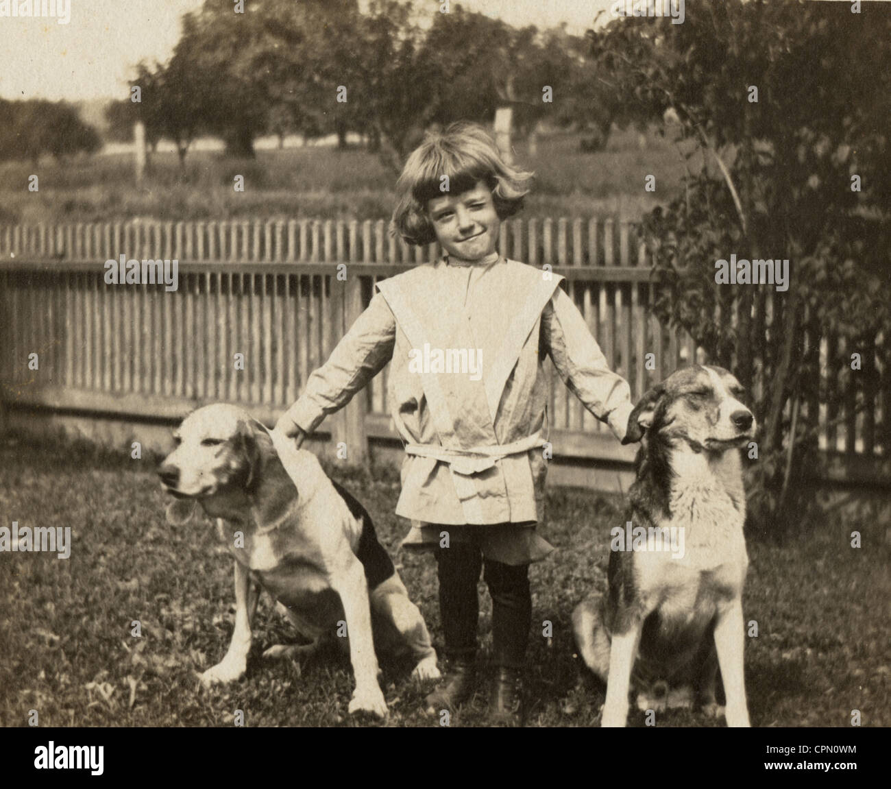 Happy Little Boy Flanked by Pair of Hunting Dogs Stock Photo - Alamy