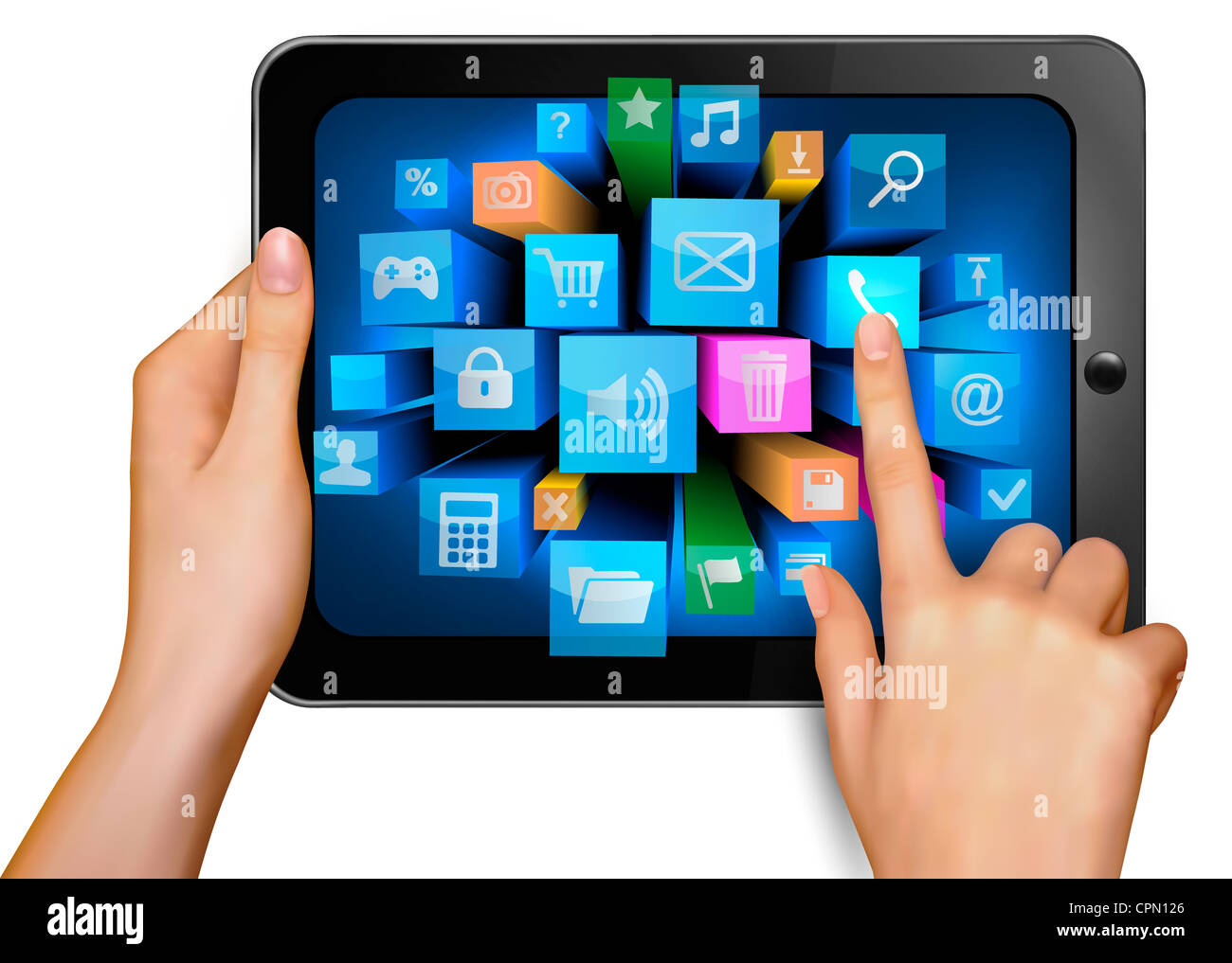 Hand holding touch pad pc and finger touching it screen with icons ...