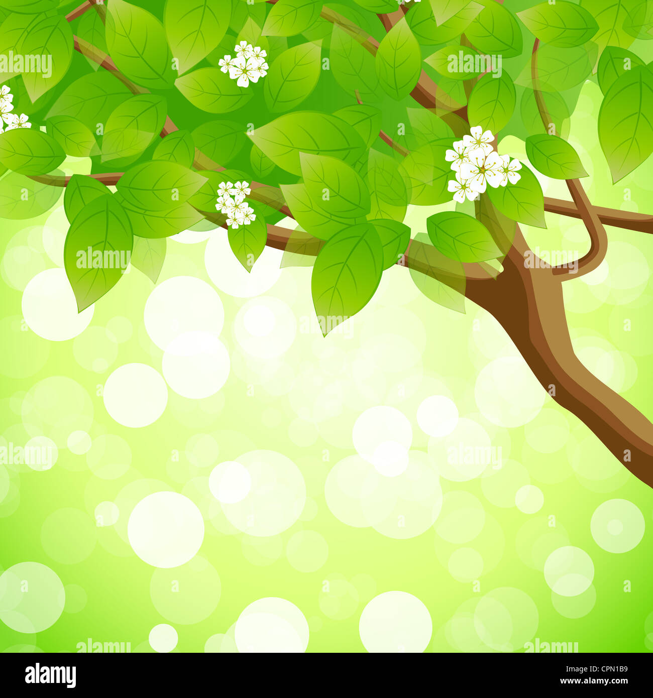 Green Background with Tree Flowers and Sparkles Stock Photo - Alamy