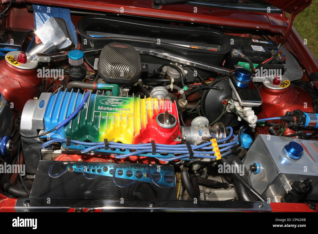 Brightly colored engine bay on show vehicle Stock Photo - Alamy