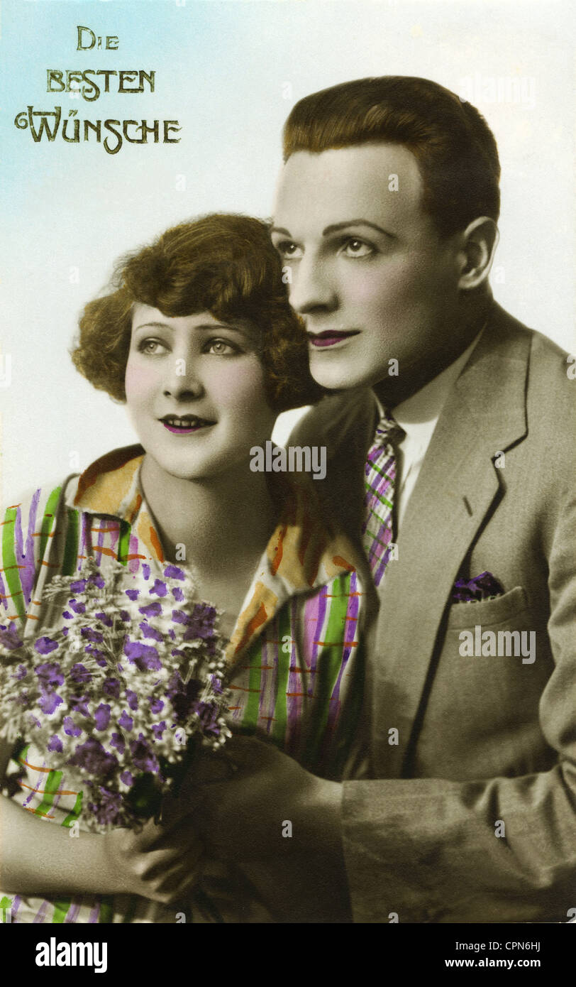 people, couples, lovers with flower bouquet, looking forward into the ...