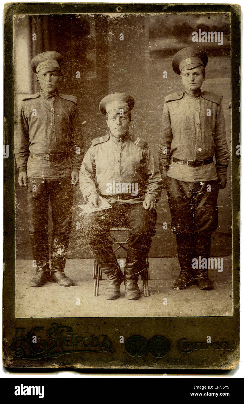 An antique photo shows Three soldiers, Simbirsk, Russian Empire, during ...