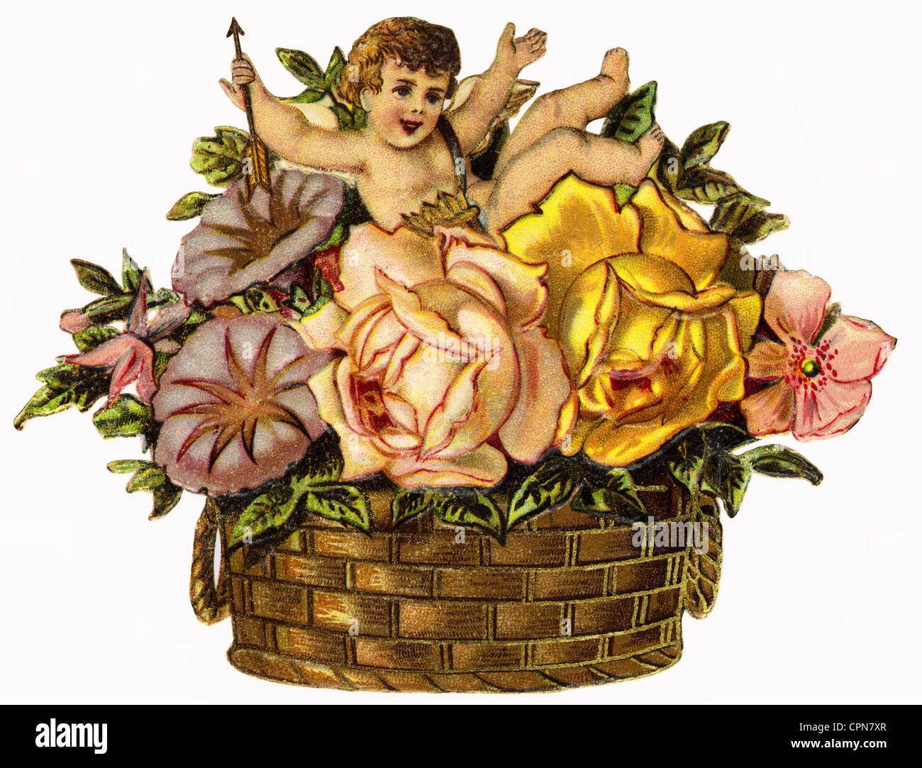 kitsch, flower basket with angel, scrap-picture, Germany, circa 1900 ...