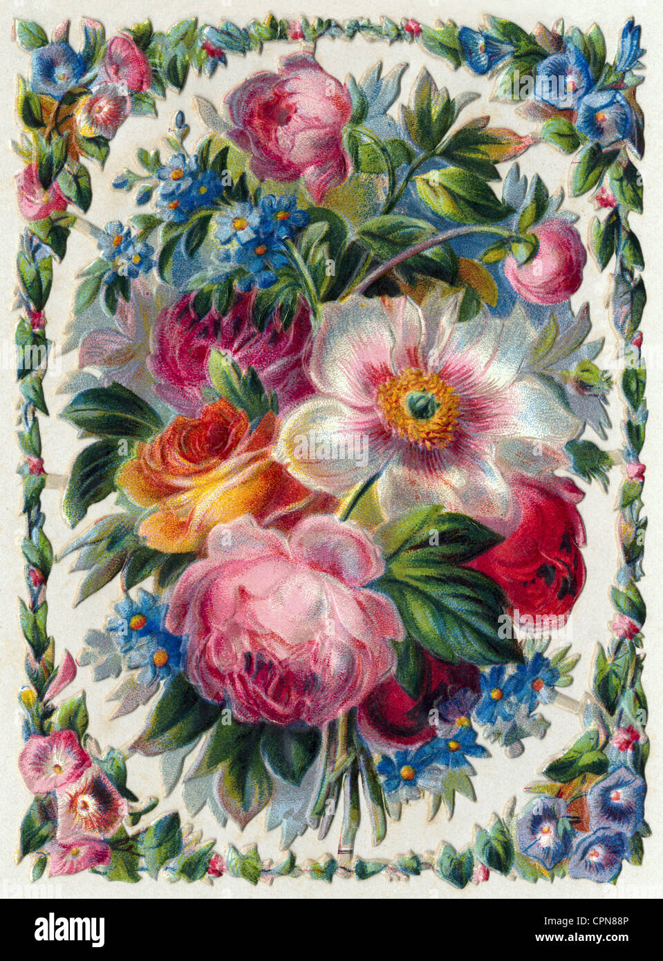 kitsch/cards/souvenir, flowers, flower bouquet, very decorative scrap ...