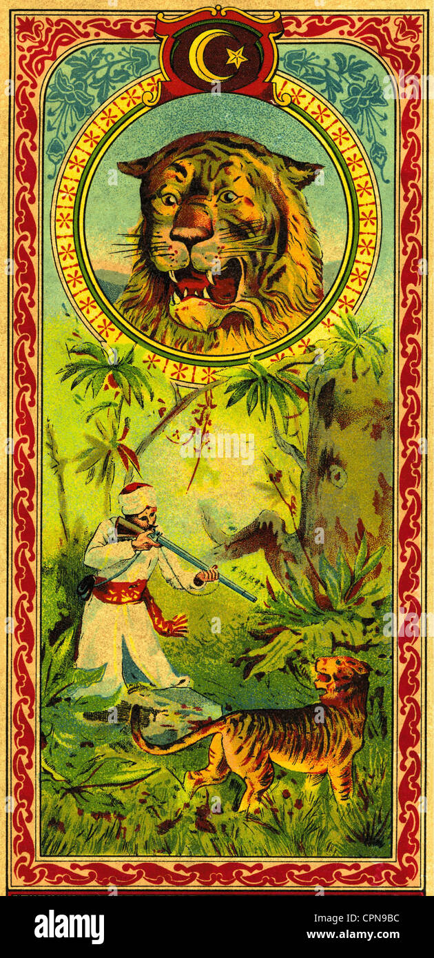 hunt, tiger hunt, hunter with tiger, package insert for a fez, Turkey ...